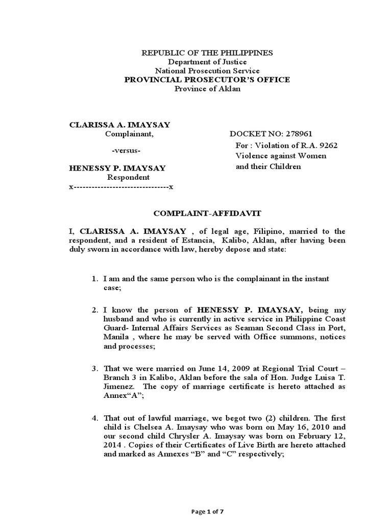 Complaint-Affidavit Ra 9262 | PDF | Husband | Marriage