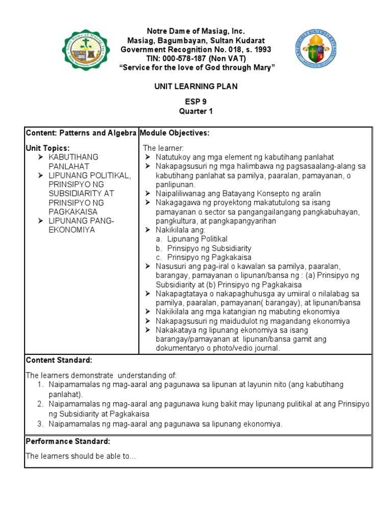 Unit Plan Esp 9 S.Y. 2020 2021 | PDF