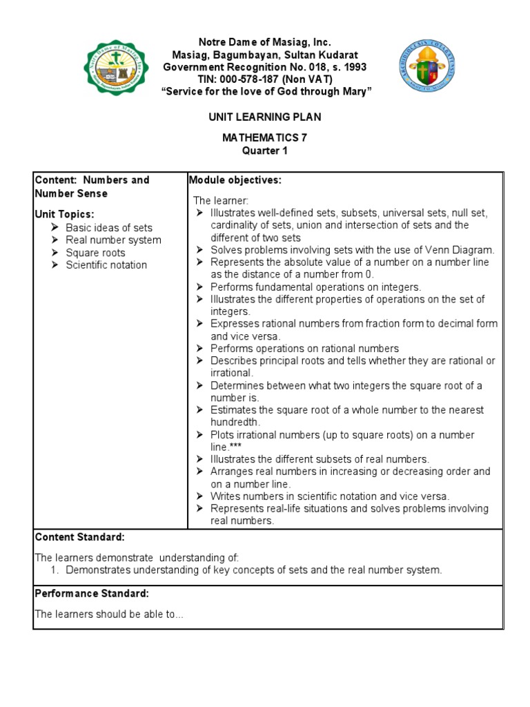 Unit Plan M7 S.Y. 2020 2021 | PDF | Numbers | Equations