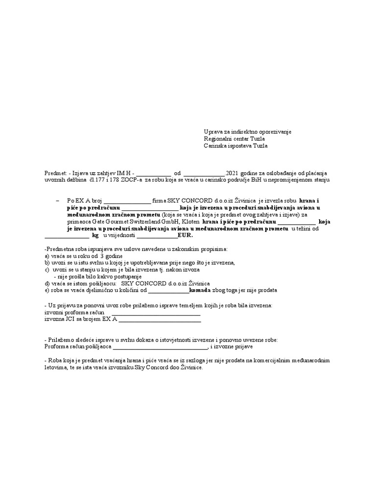 Izjava Uz Zahtjev Za Vraćanje Robe Sky | PDF