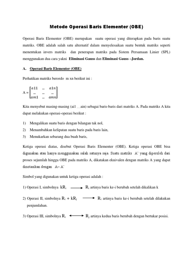 Operasi Baris Elementer | PDF | Metode & Bahan Ajar