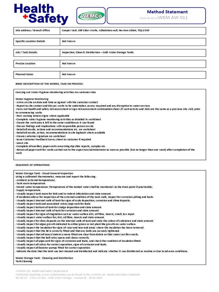 Cold Water Tank Hygiene Method Statement | PDF | Disinfectant | Water ...