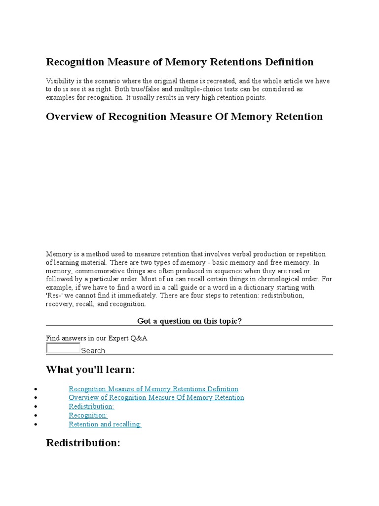 Recognition Measure of Memory Retentions Definition | PDF