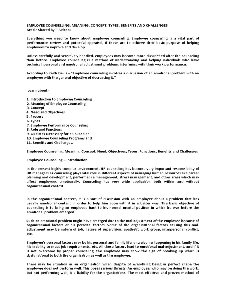 Employee Counselling: Meaning, Concept, Types, Benefits and Challenges ...