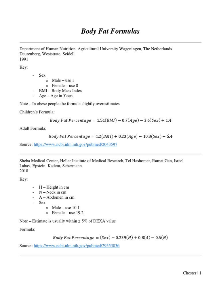 Body Fat Formulas | Download Free PDF | Body Mass Index | Human Weight