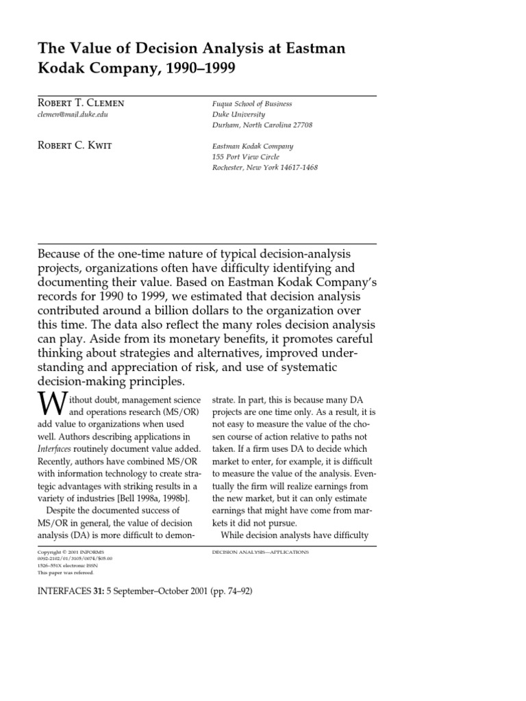 The Value of Decision Analysis at Eastman Kodak Company, 1990-1999 ...