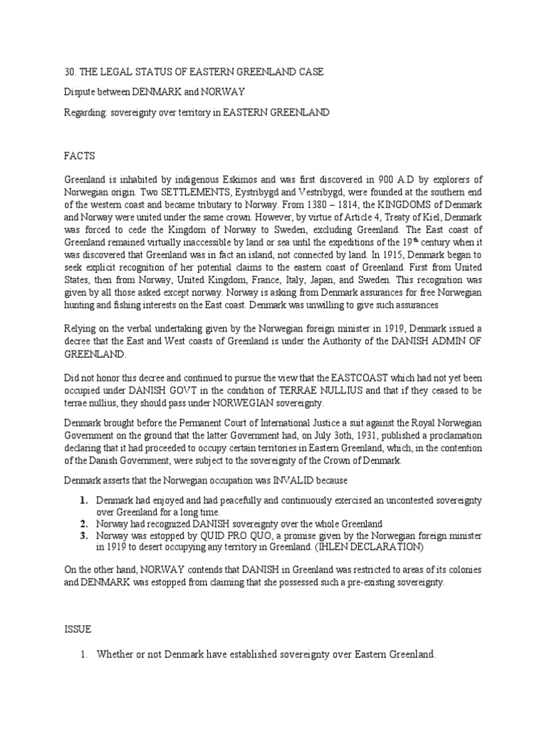 Whether or Not Denmark Have Established Sovereignty Over Eastern ...