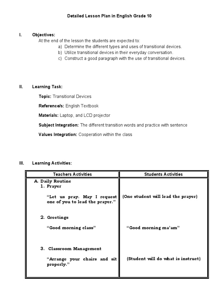 Lesson Plan For English Class 10 State Syllabus Class Poin
