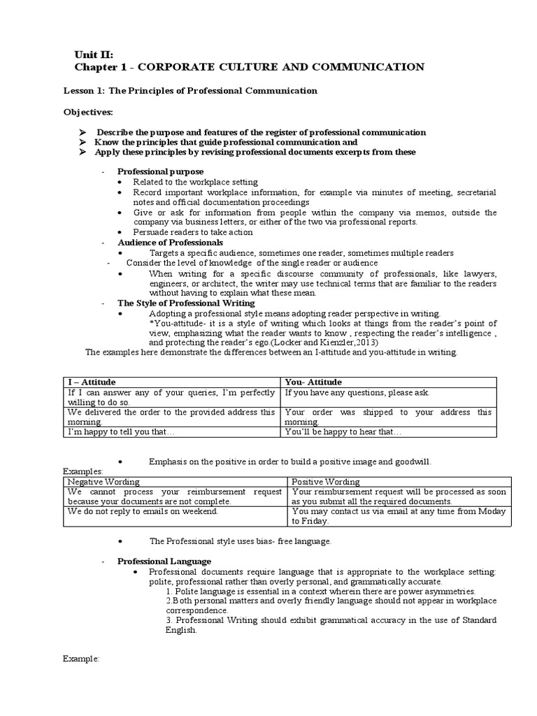 Unit II: Chapter 1 - Corporate Culture and Communication | PDF | Résumé ...