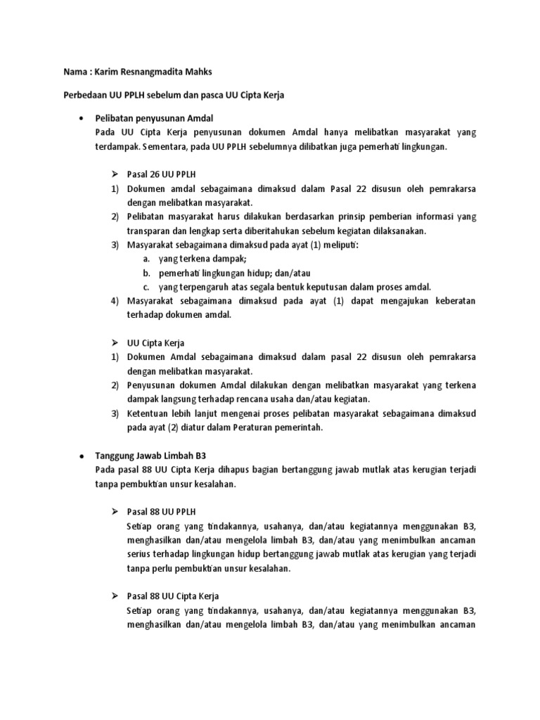 Perbandingan UU PPLH dan UU Cipta Kerja | PDF