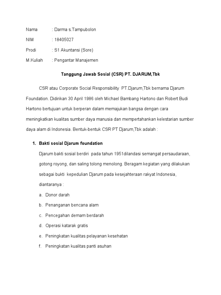 Tanggung Jawab Sosial PT Djarum Tbk | PDF | Karier & Perkembangan | Kesehatan Holistik