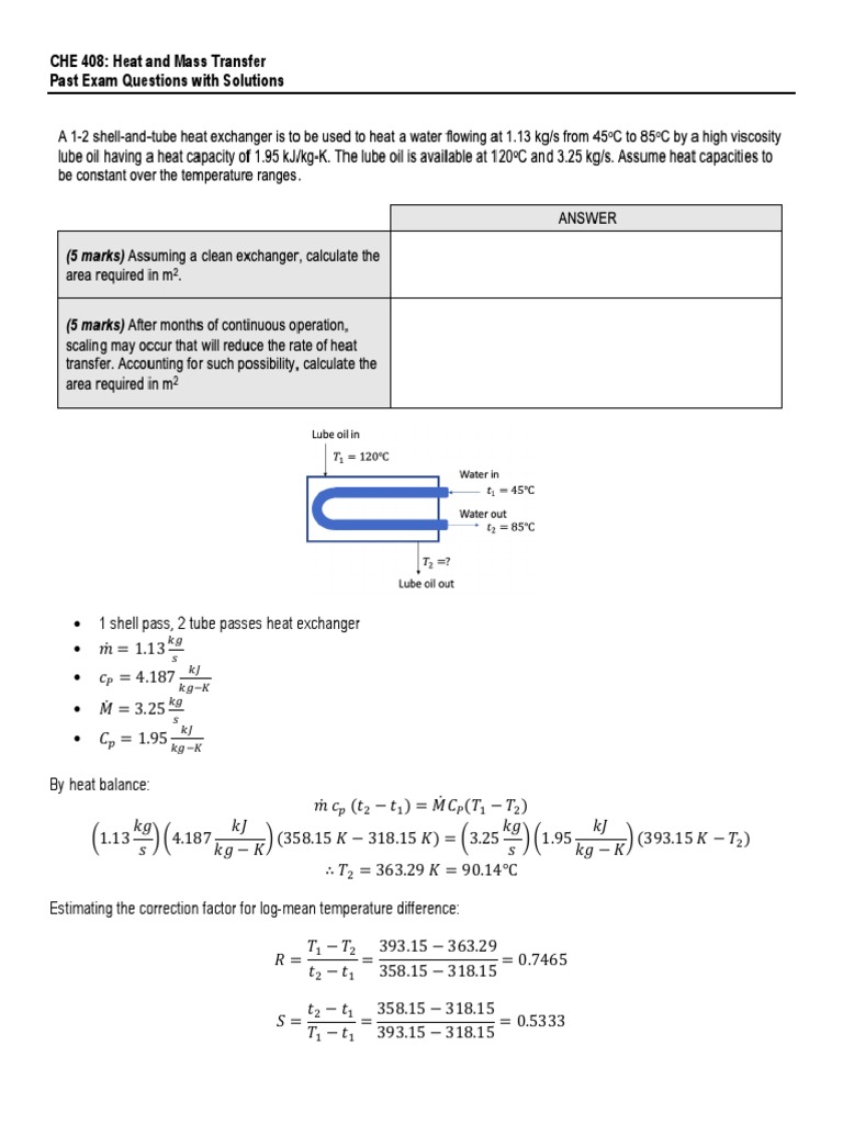 CHE 408: Heat and Mass Transfer Past Exam Questions With Solutions ...