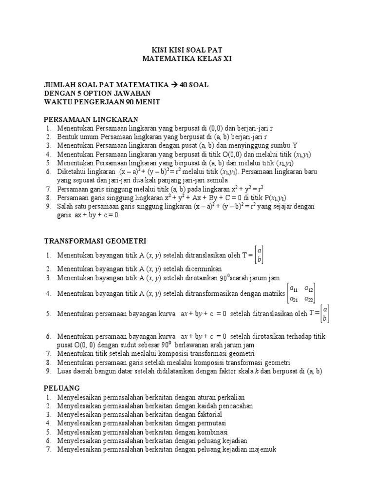 Kisi Kisi Soal Pat Math Kelas Xi | PDF