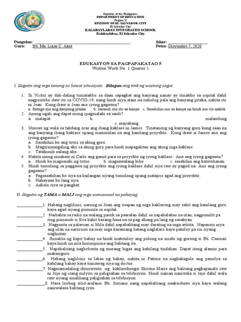 Grade 5 Summative Test in ESP Modules 1-3 | PDF