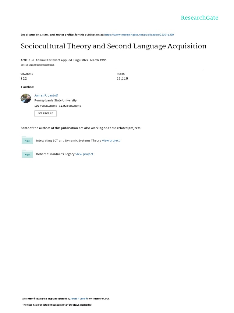 Sociocultural Theory and Second Language Acquisition: Annual Review of Applied Linguistics March ...