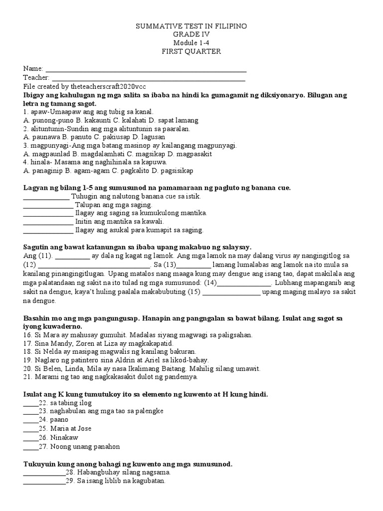Summative Test in Filipino | PDF
