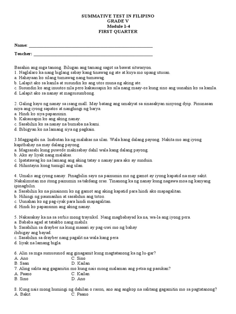 Summative Test in Filipino | PDF
