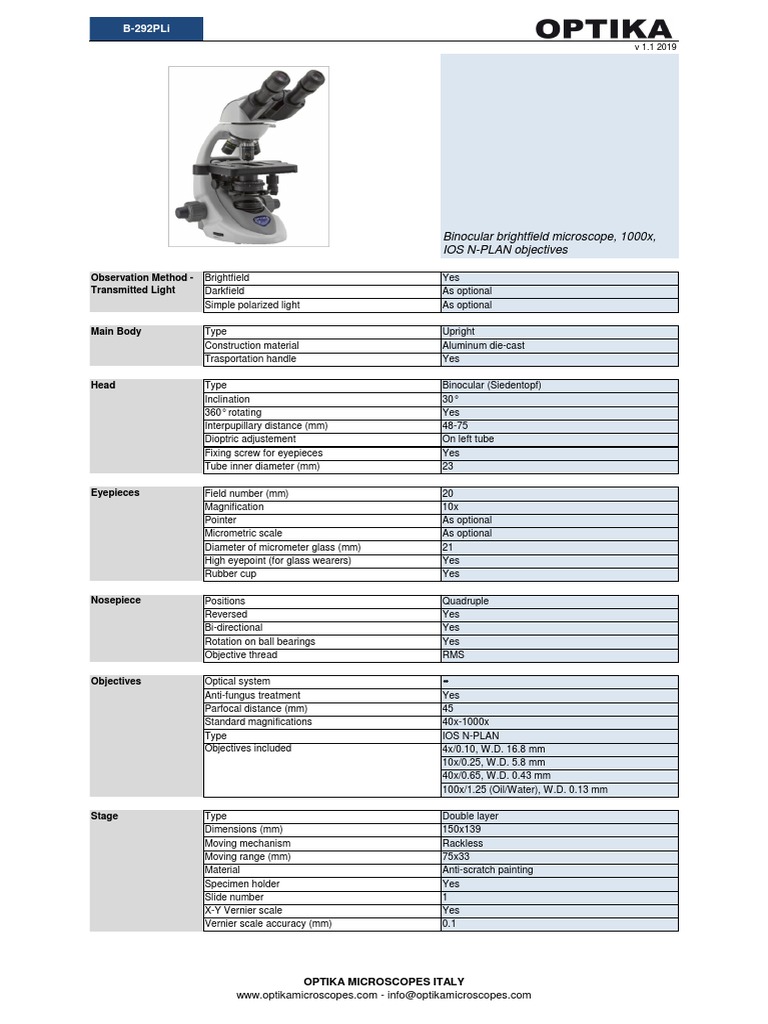 Ficha Tecnica de Microscopio Optika | PDF | Equipment | Optics