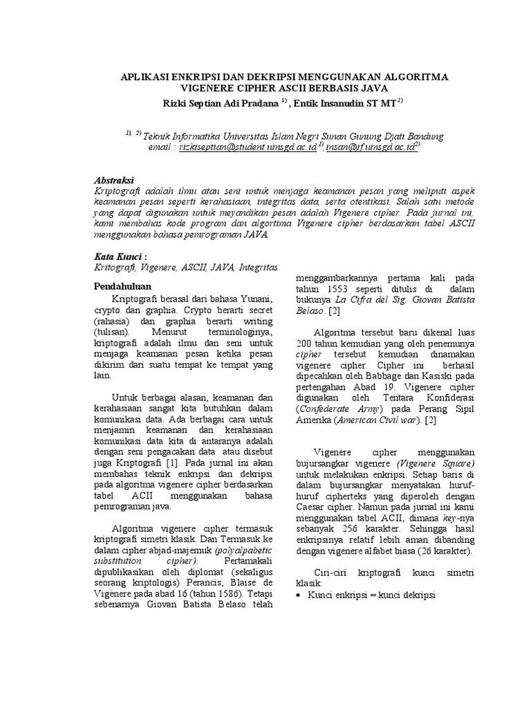 APLIKASI ENKRIPSI DAN DEKRIPSI MENGGUNAKAN ALGORITMA VIGENERE CIPHER ...