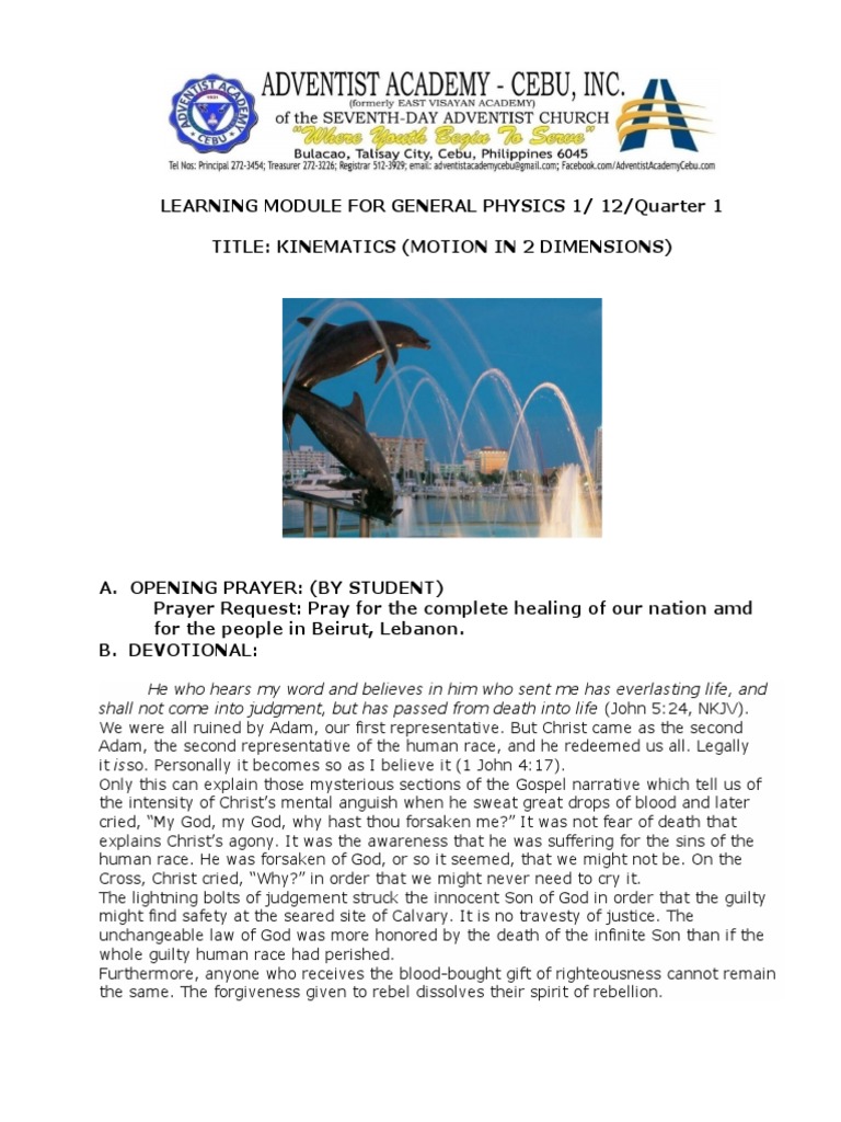 Learning Module For General Physics 1/ 12/quarter 1 Title: Kinematics (Motion in 2 Dimensions ...