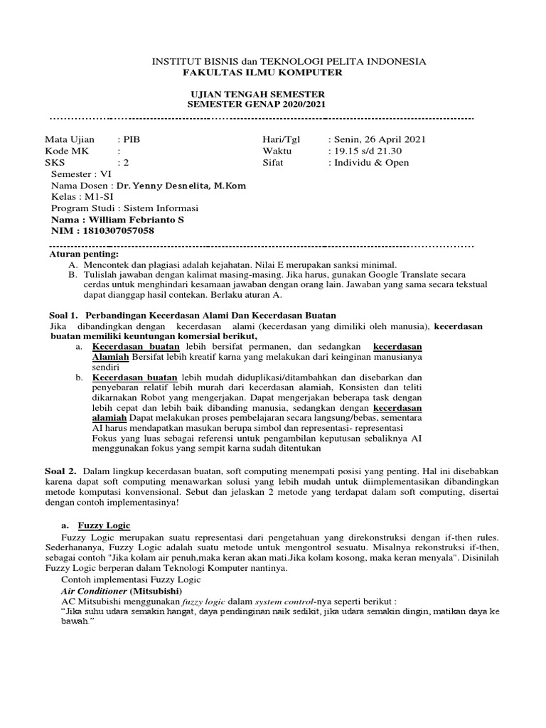 UTS PIB William .F | PDF | Metode & Bahan Ajar | Teknologi & Rekayasa