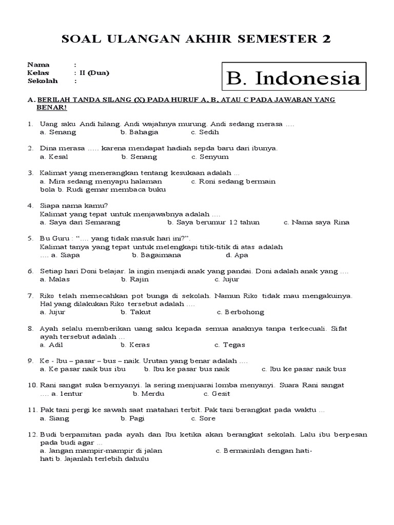 Soal UAS Bahasa Indonesia Kelas 2 SD Semester 2 Dan Kunci Jawaban | PDF