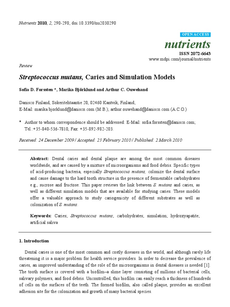 Nutrients: Streptococcus Mutans, Caries and Simulation Models | PDF ...