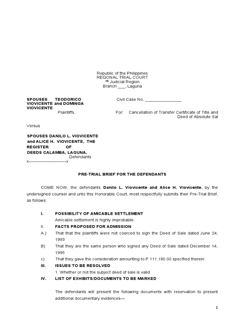 Pre-Trial Brief: Viovicente Case | PDF | Common Law | Justice
