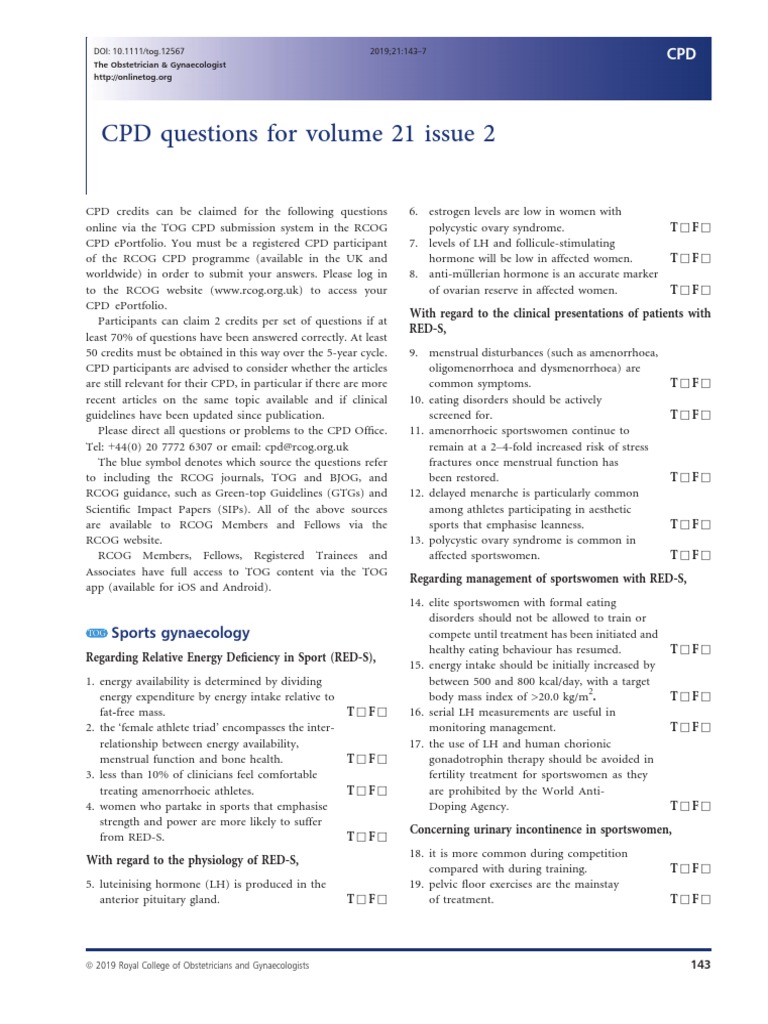 CPD Questions For Volume 21 Issue 2: Sports Gynaecology | PDF ...