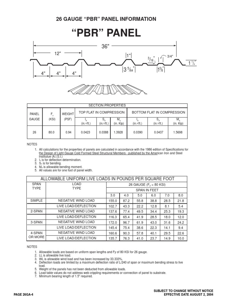 26 Gauge "PBR" Panel Information | PDF | Bending | Structural Engineering