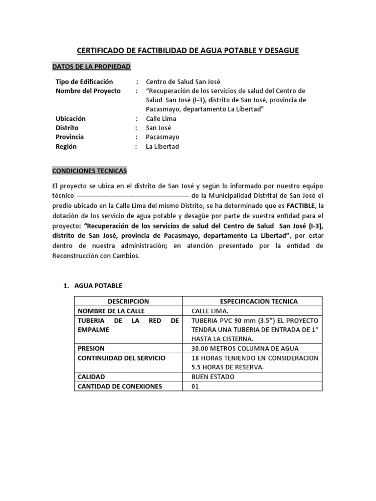 Certificado de Factibilidad de Agua Potable y Desague | PDF
