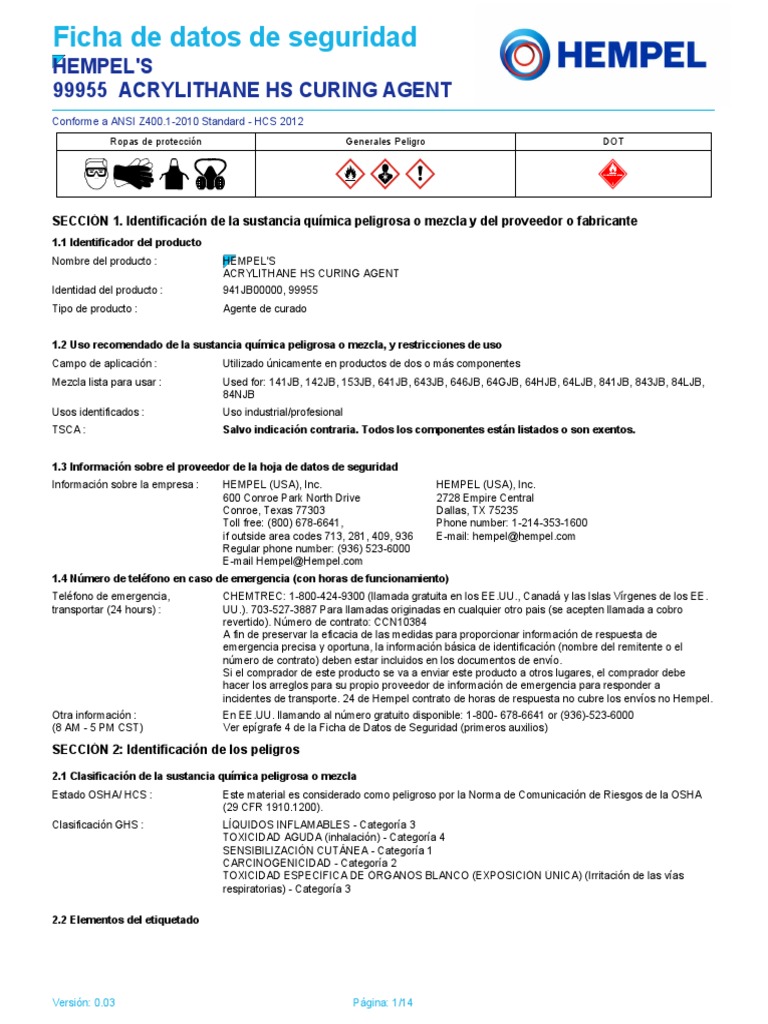 Ficha de Datos de Seguridad HEMPEL'S ACRYLITHANE HS CURING AGENT | PDF ...