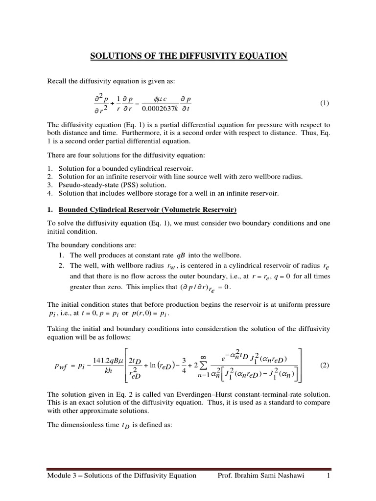Module 3 Solutions Of The Diffusivity Equation Pdf Equations