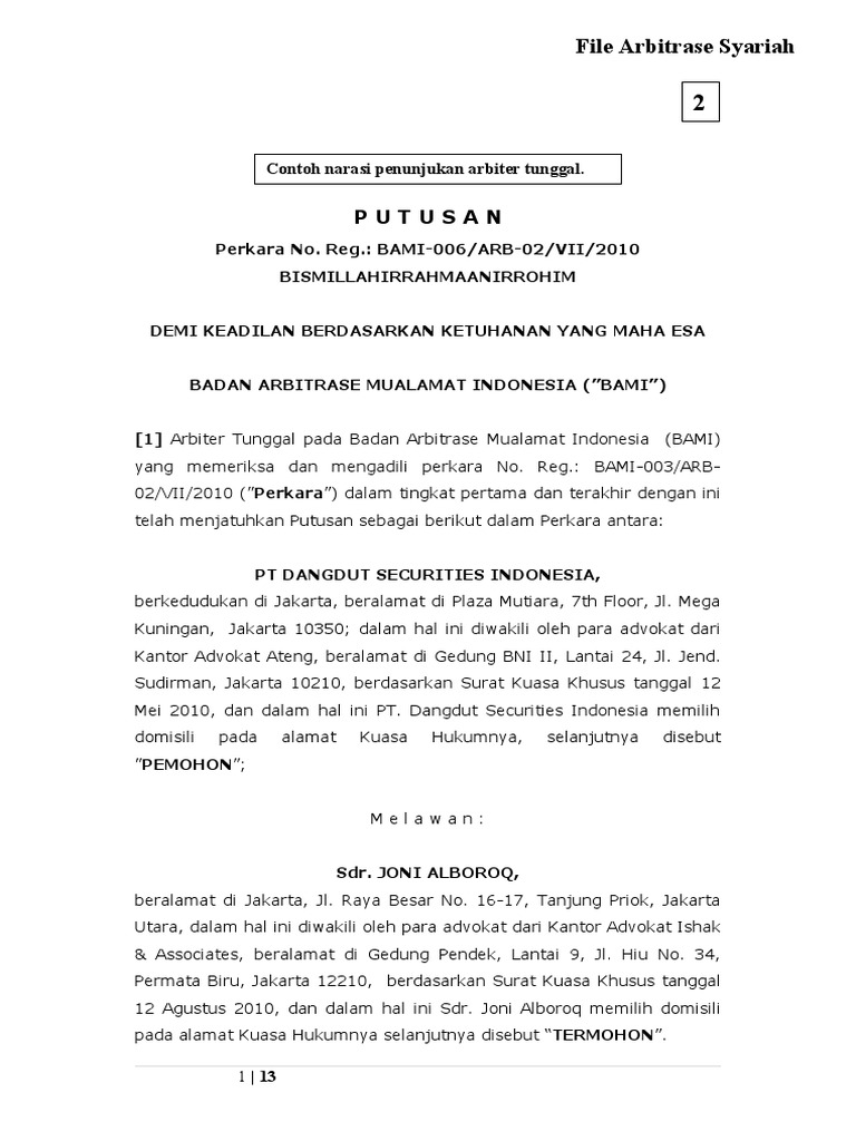 Putusan Arbitrase BAMI 2010 | PDF | Pengelolaan Keuangan & Uang | Politik