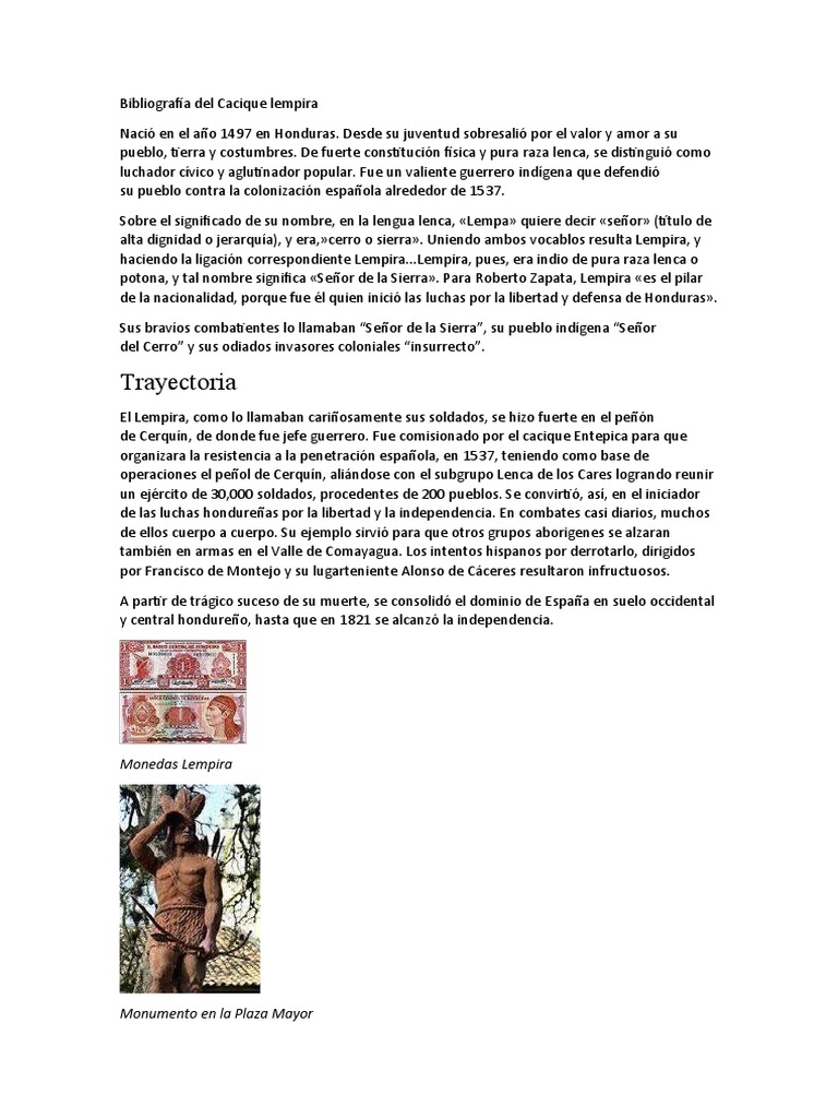Biografía del Cacique Lempira | PDF | Colonización española de las ...