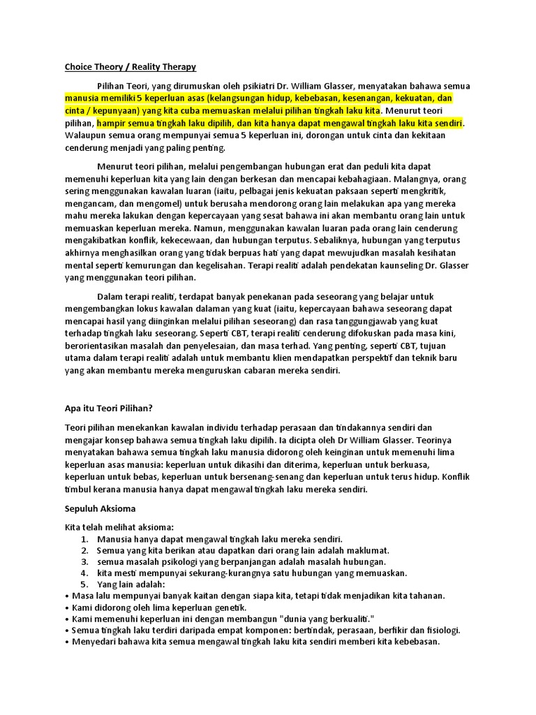 Choice Theory - Reality Therapy | PDF