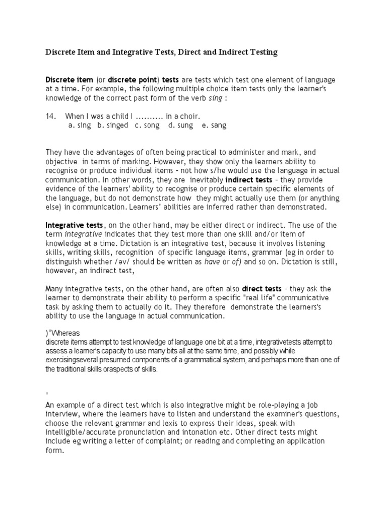Discrete Item and Integrative Tests | PDF | Vocabulary | Multiple Choice