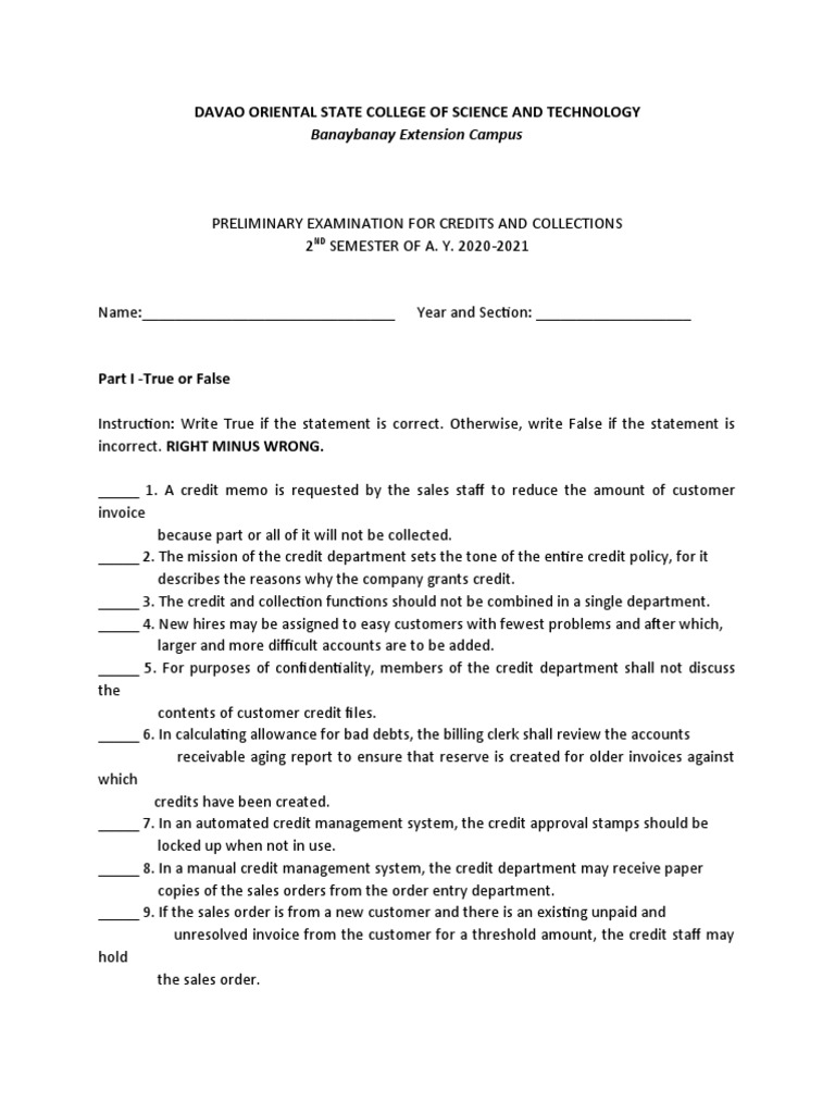 Credit and Collection Preliminary Examination A.Y. 2020 2021 | PDF ...