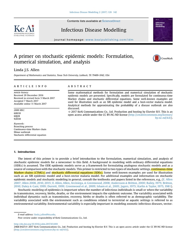 A Primer On Stochastic Epidemic Models Pdf Stochastic Differential Equation Markov Chain