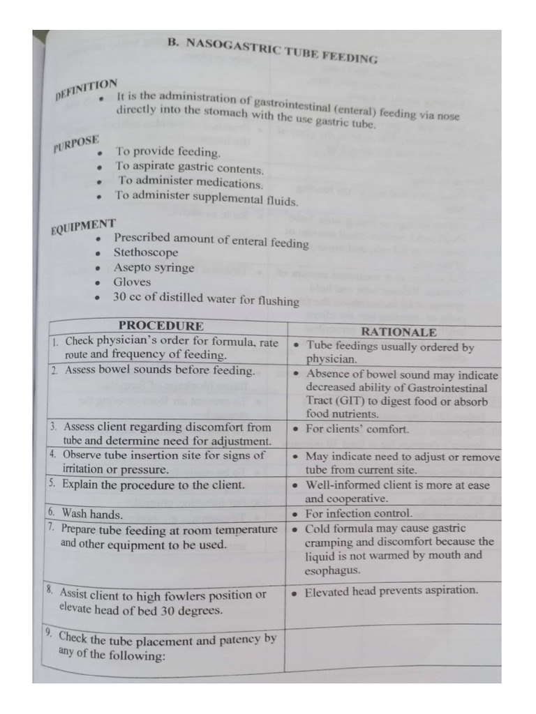 Nasogastric Tube Feeding Checklist and Procedure | PDF