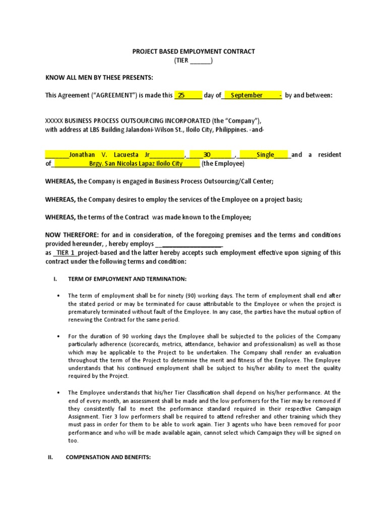 PROJECT BASED CONTRACT Word Format | PDF | Patent | Employment