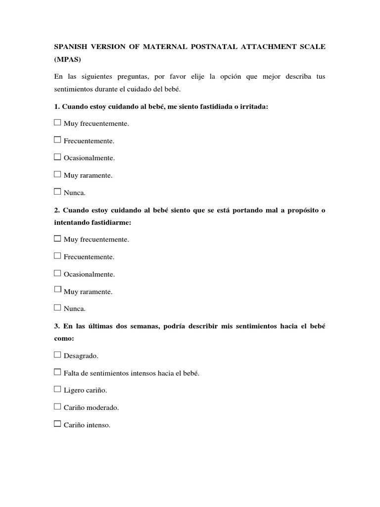 Spanish Version of Maternal Postnatal Attachment Scale (Mpas) | PDF ...