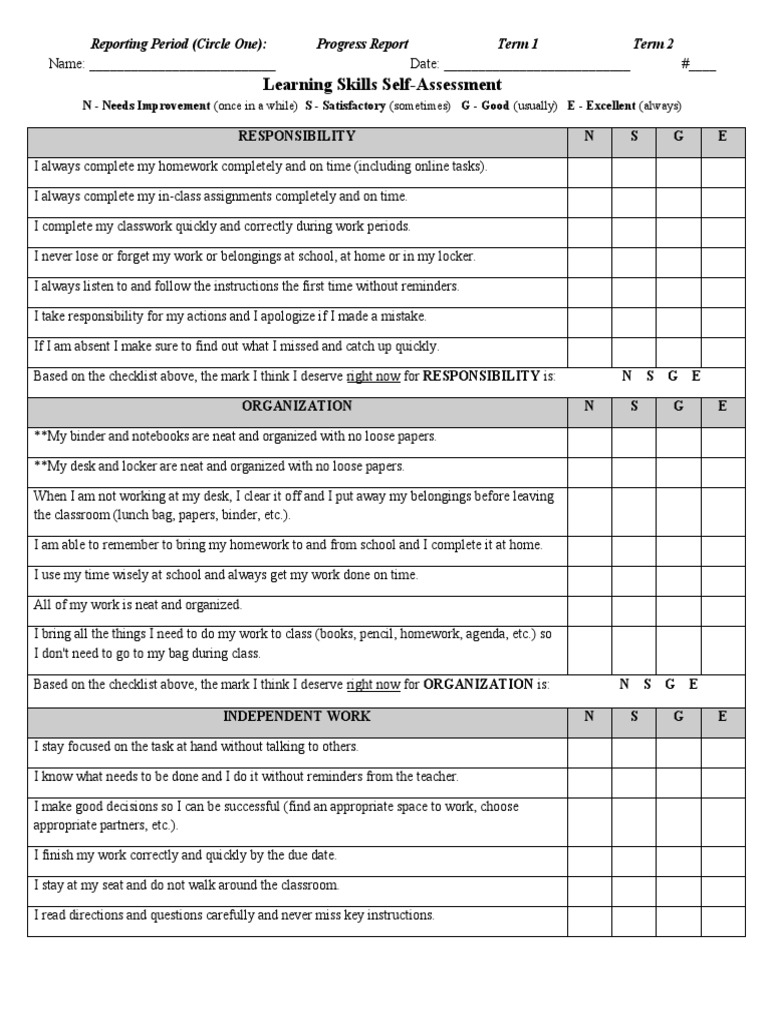 Learning Skills Self Assessment Checklistand Goal Setting | PDF ...