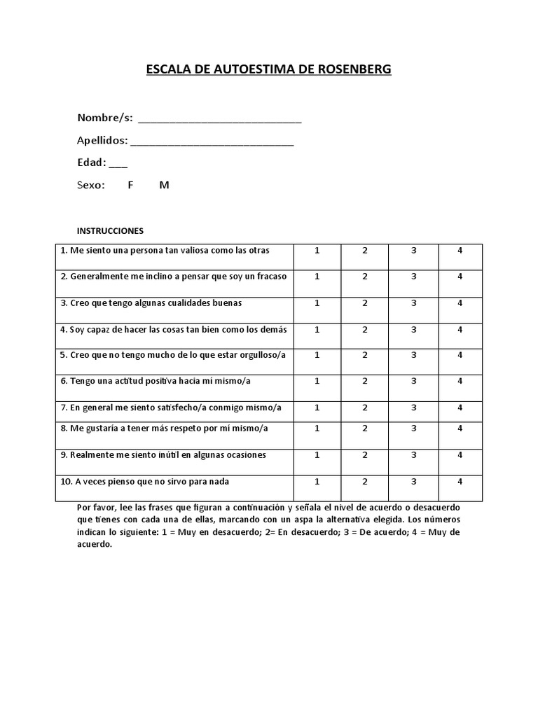 Escala de Autoestima de Rosenberg | PDF