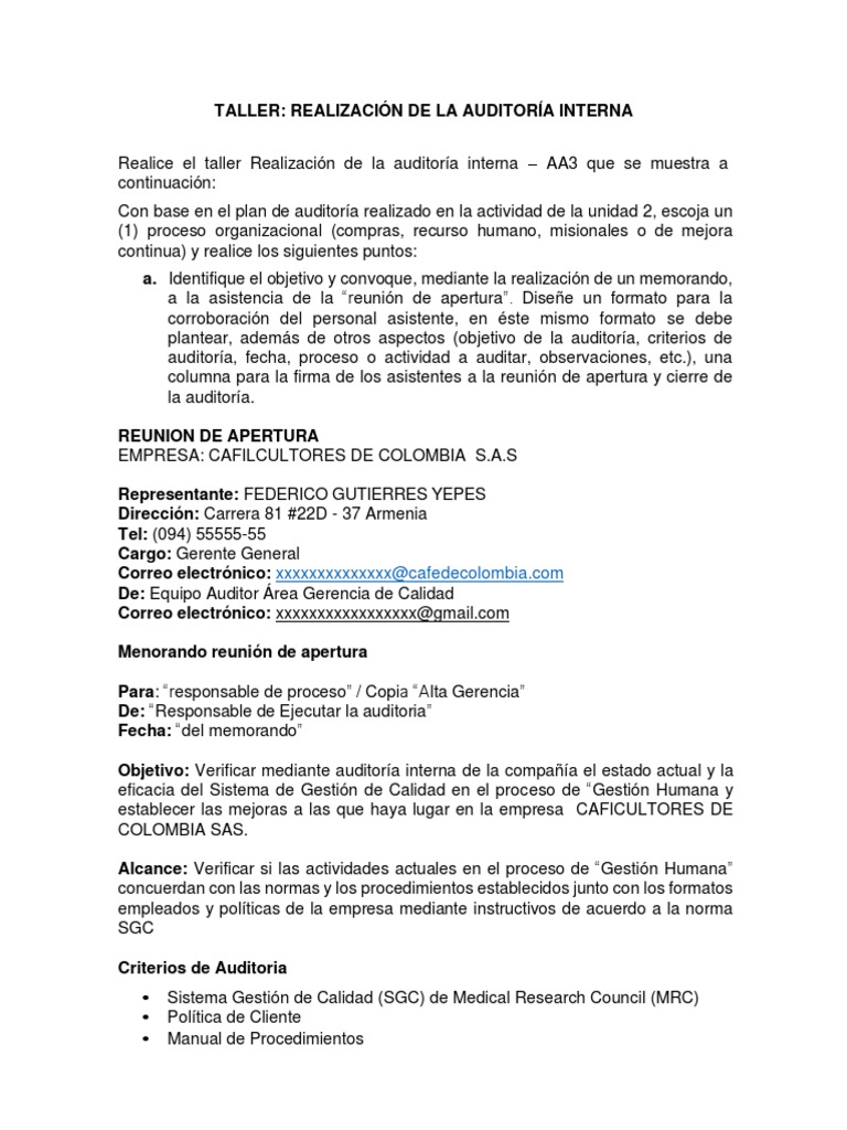 Evidencia AA3-Ev2 Taller Realización de La Auditoría Interna | PDF | Auditoría | Contralor