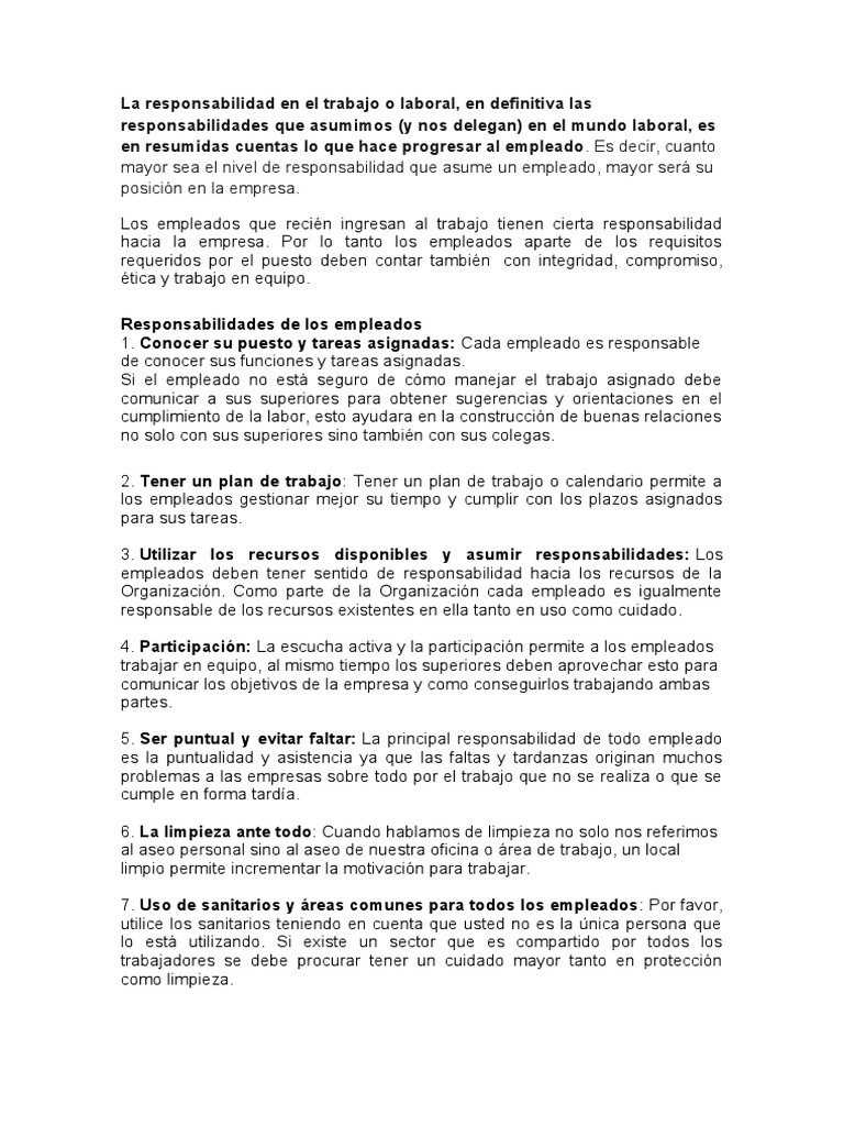 La Responsabilidad en El Trabajo o Laboral | PDF | Empresas | Ahorro