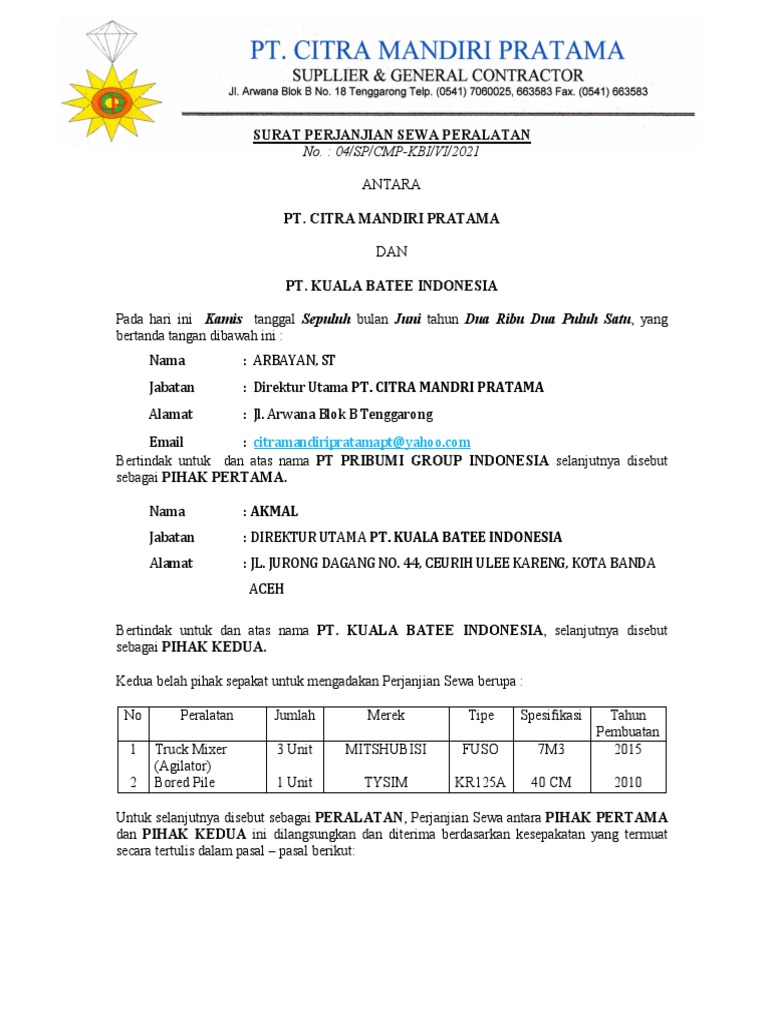 Surat Perjanjian Sewa Longsoran Gronggong CMP | PDF