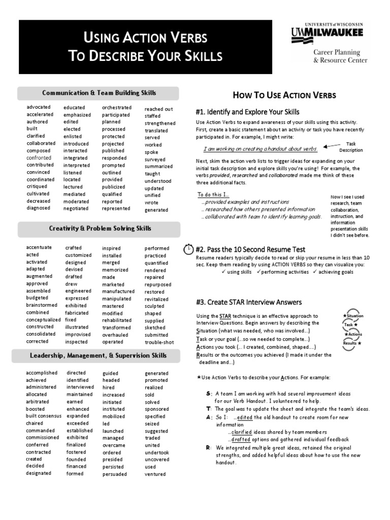 Using Action Verbs To Describe Your Skills | PDF | Brainstorming ...
