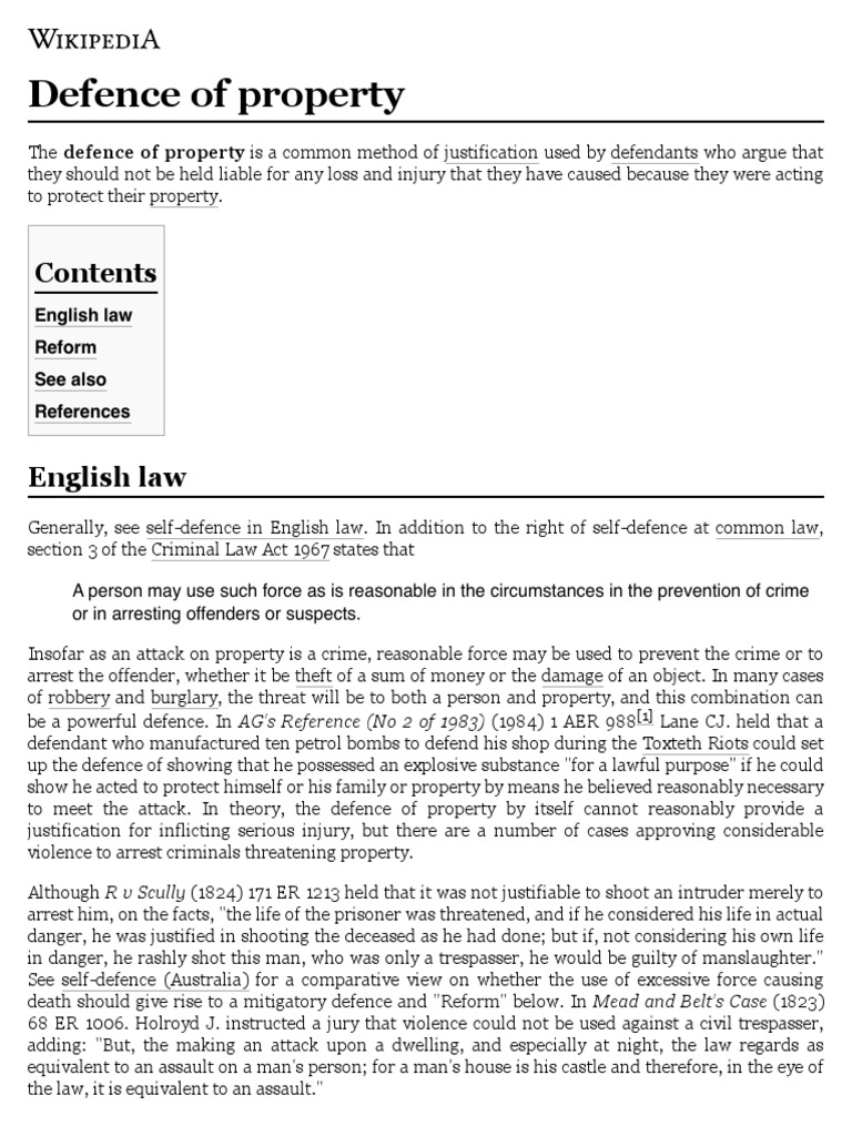 Defence of Property - Wikipedia | PDF | Common Law | Crime & Violence