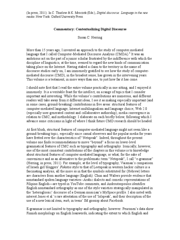 Commentary - Contextualizing Digital Discourse | PDF | Computer Mediated Communication ...